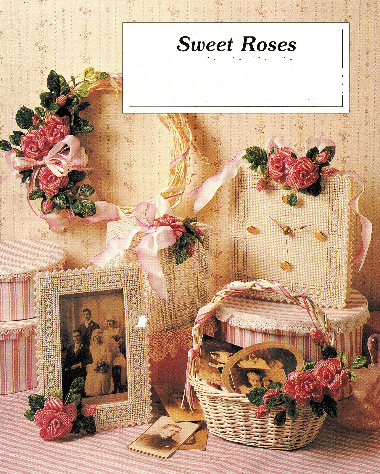 Plastic Canvas Roses Tissue Cover Towel Holder Waste Basket Clock Frame ...