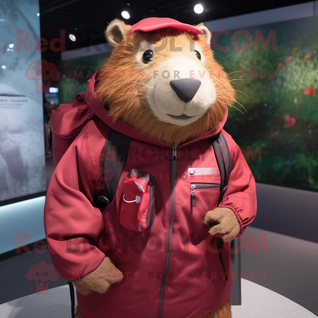 Maroon Capybara mascot costume character dressed with a Windbreaker and ...