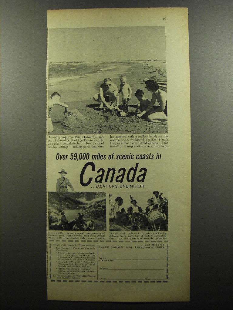 1956 Canada Tourism Ad - Over 59,000 miels of scenic coasts in Canada ...