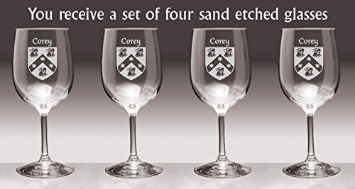 Corey Irish Coat of Arms Wine Glasses - Set of 4 (Sand Etched) - Equipment