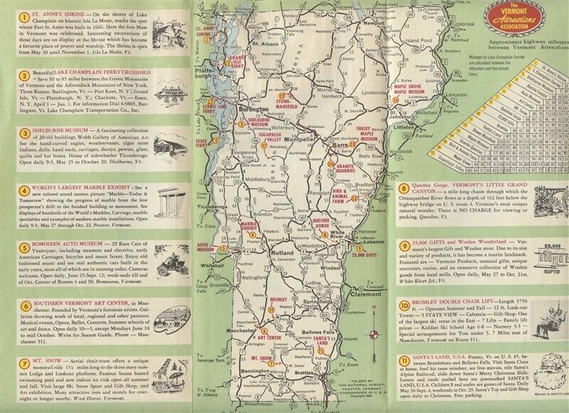 Vermont Attractions Map & Guide and Tourist Information Brochures 1961 ...