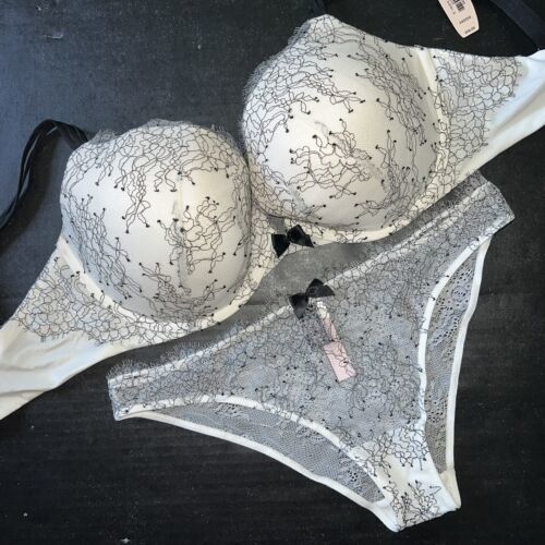 Victoria's Secret push up 32DDD BRA SET S,M PANTY Black White LACE VERY ...