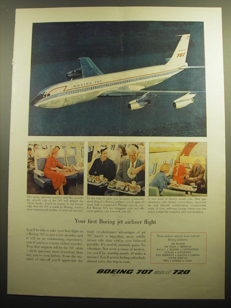 1958 Boeing 707 Airliner Ad - Your first Boeing jet airliner flight ...