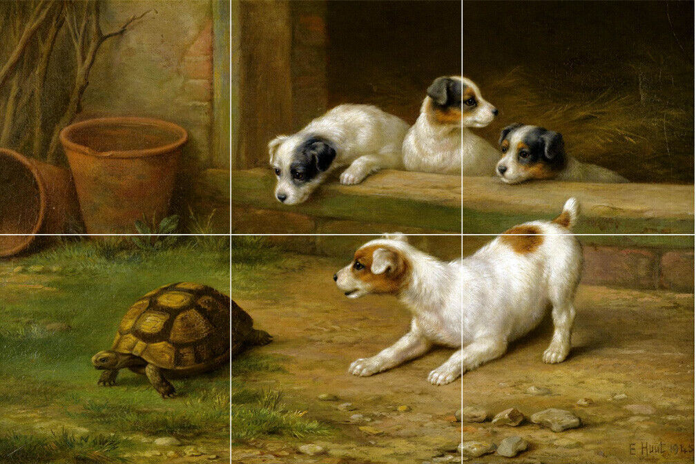 playful puppies dogs farm turtle painting ceramic tile mural backsplash ...