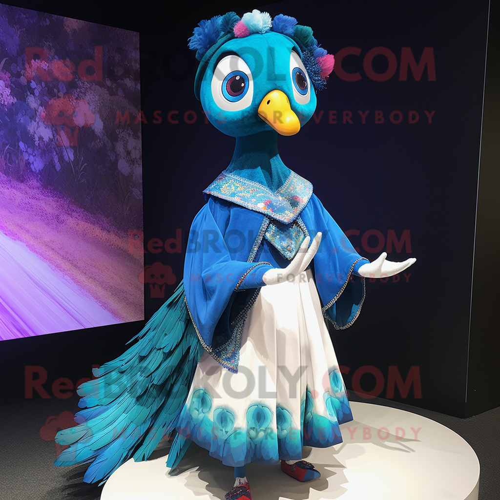 Blue Peacock mascot costume character dressed with a Mini Skirt and ...