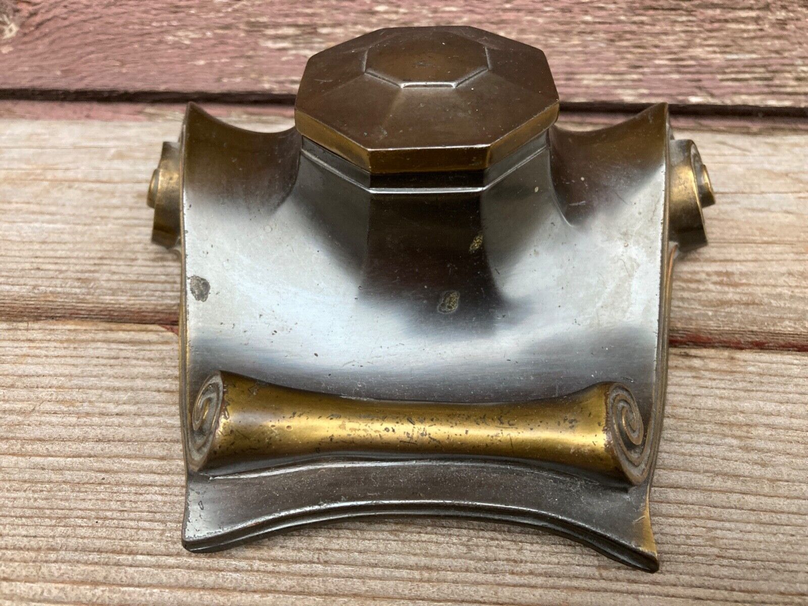 ANTIQUE BRASS INKWELL & PEN REST SCROLL ART NOUVEAU BRONZE FINISH w ...