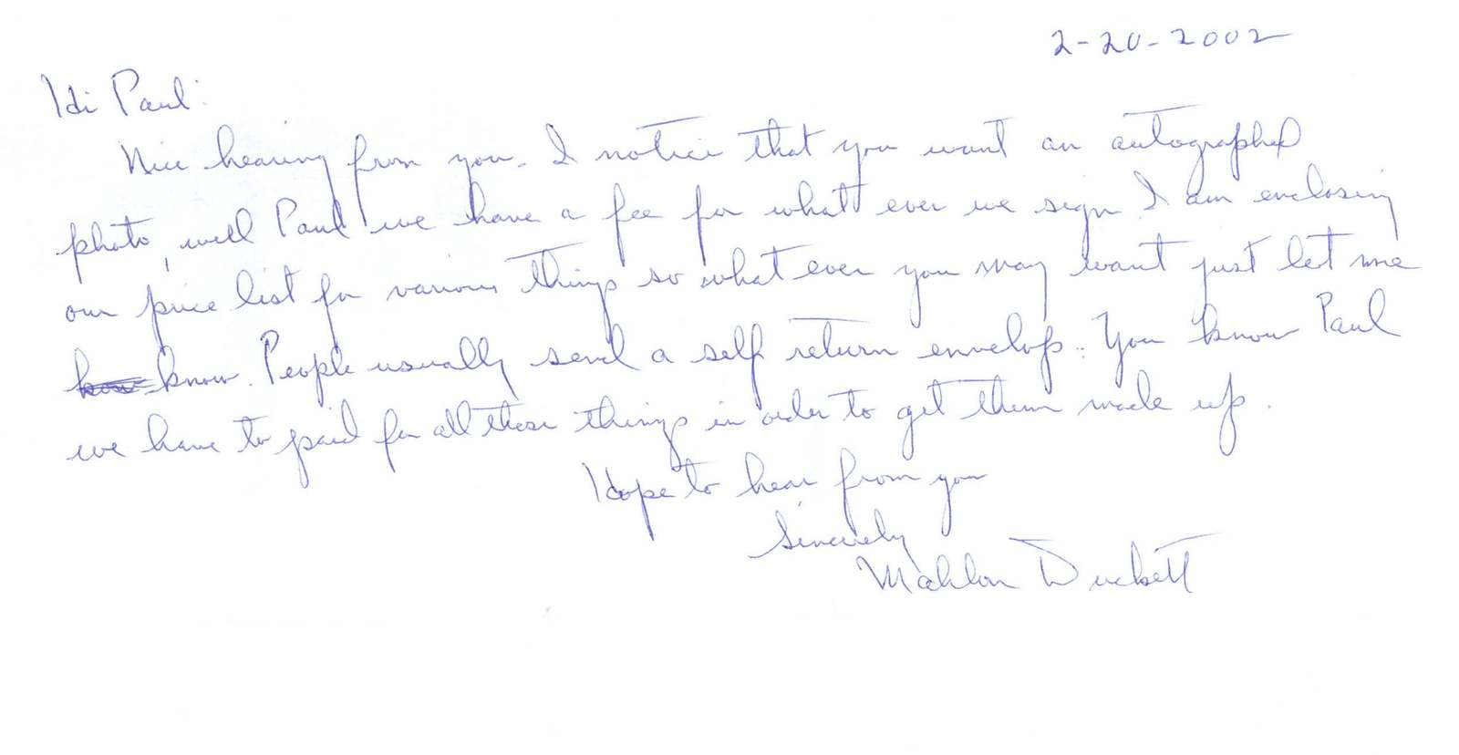1940's Second Baseman Mahlon Duckett signed note - Entertainment ...