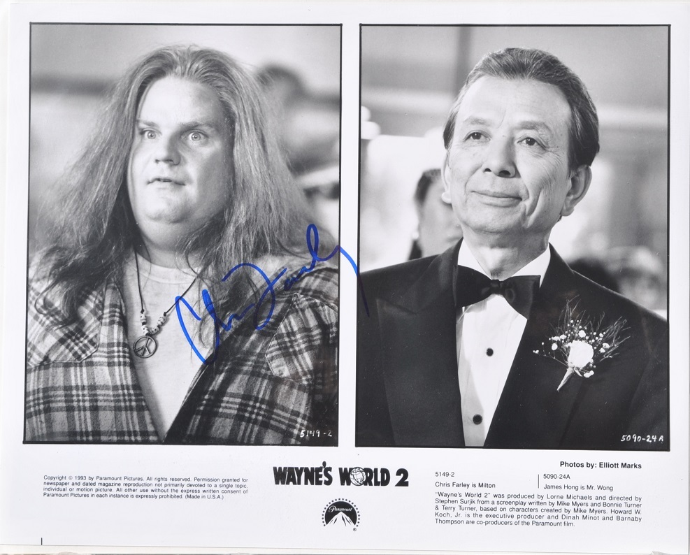 CHRIS FARLEY SIGNED PHOTO - WAYNE'S WORLD 2 - Coneheads - Blacksheep w ...