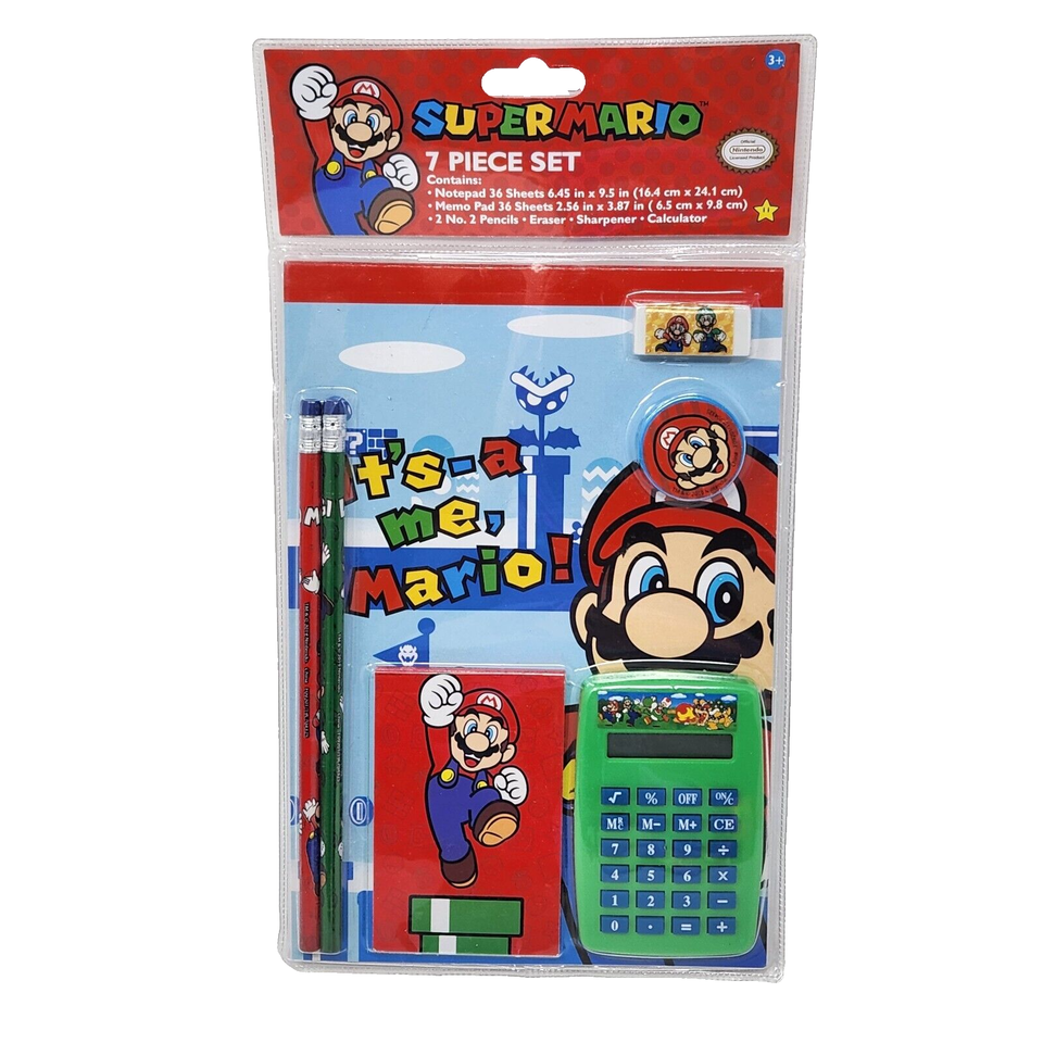 2019 SUPER MARIO 7 PIECE STATIONARY SET W/ CALCULATOR + PENCILS NEW IN ...