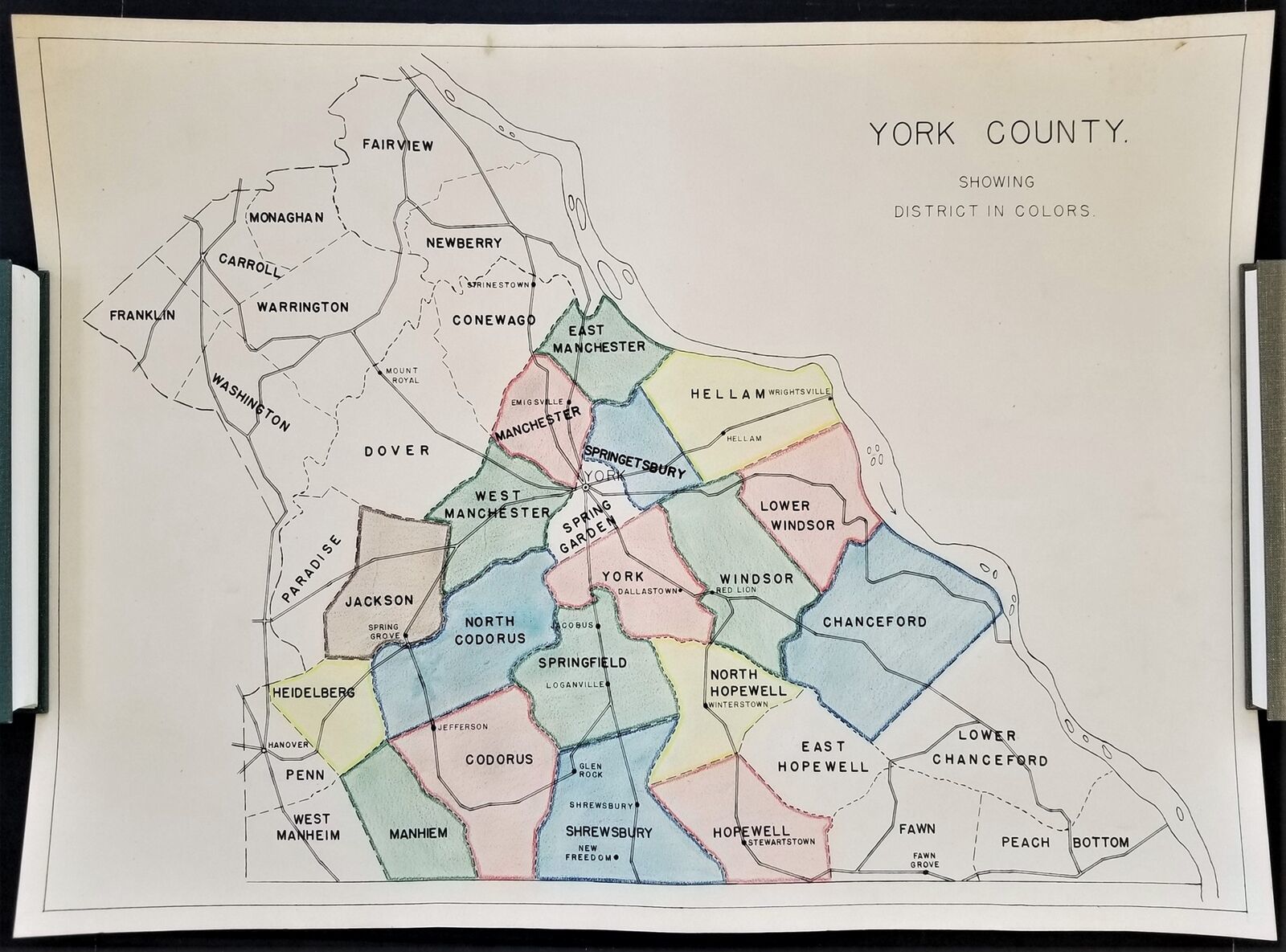 vintage HAND COLORED YORK COUNTY pa MAP 26"x19" wall rolled cardstock ...