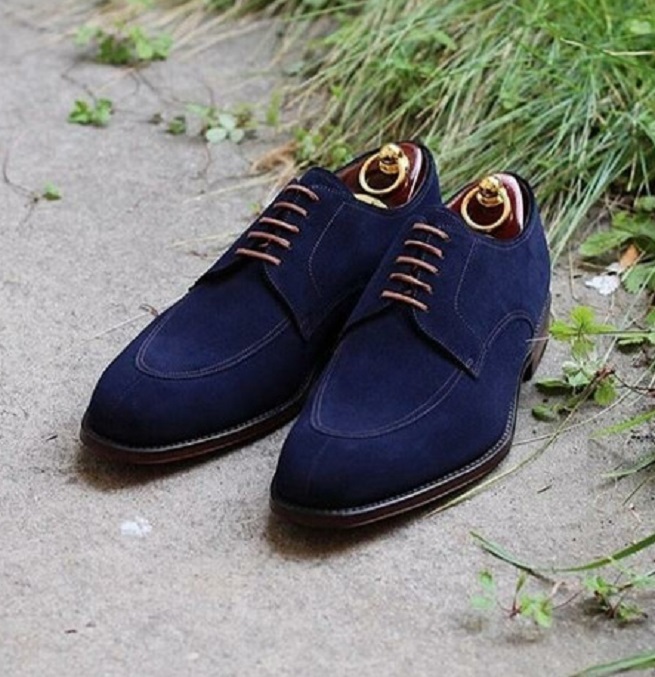 Made To Hand Derby Blue Suede Leather Split Toe Men's Lace Up Formal ...