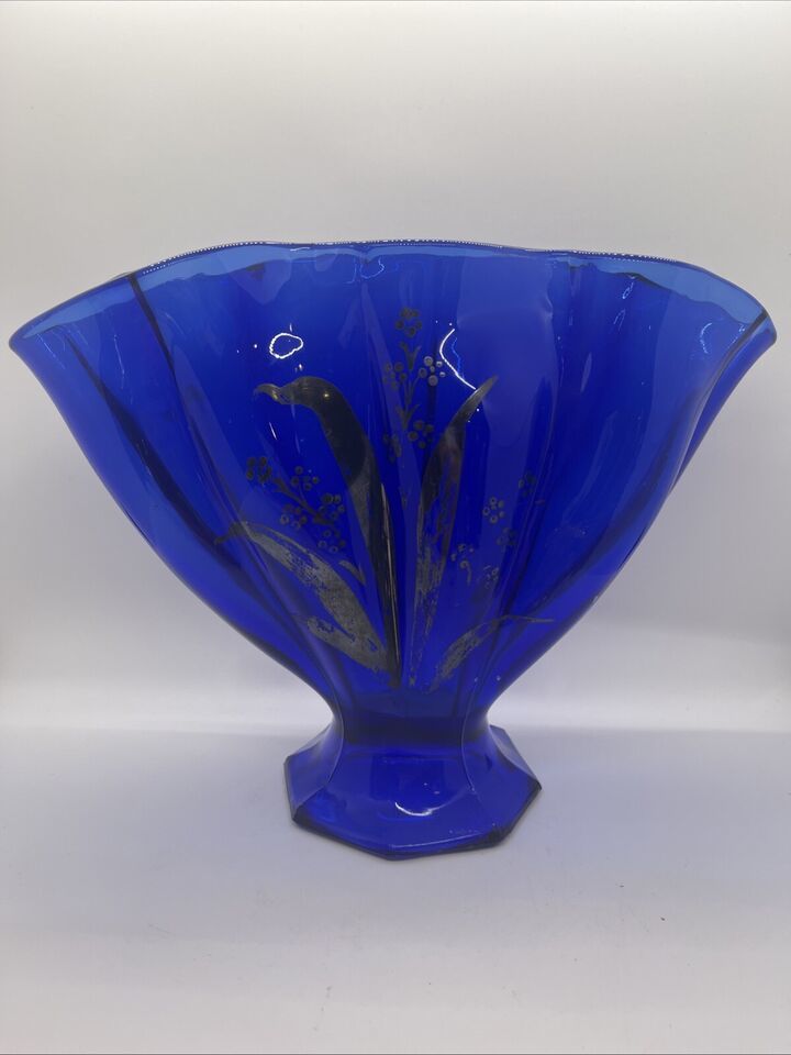 Vintage Fenton Cobalt Blue Glass Vase Fan Shape with Octagonal Base 8 ...