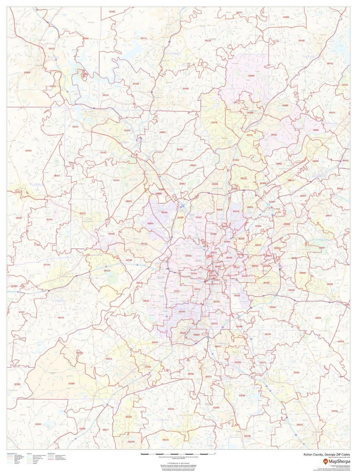 Fulton County, Georgia ZIP Codes Laminated Wall Map (MSH) - Maps & Atlases