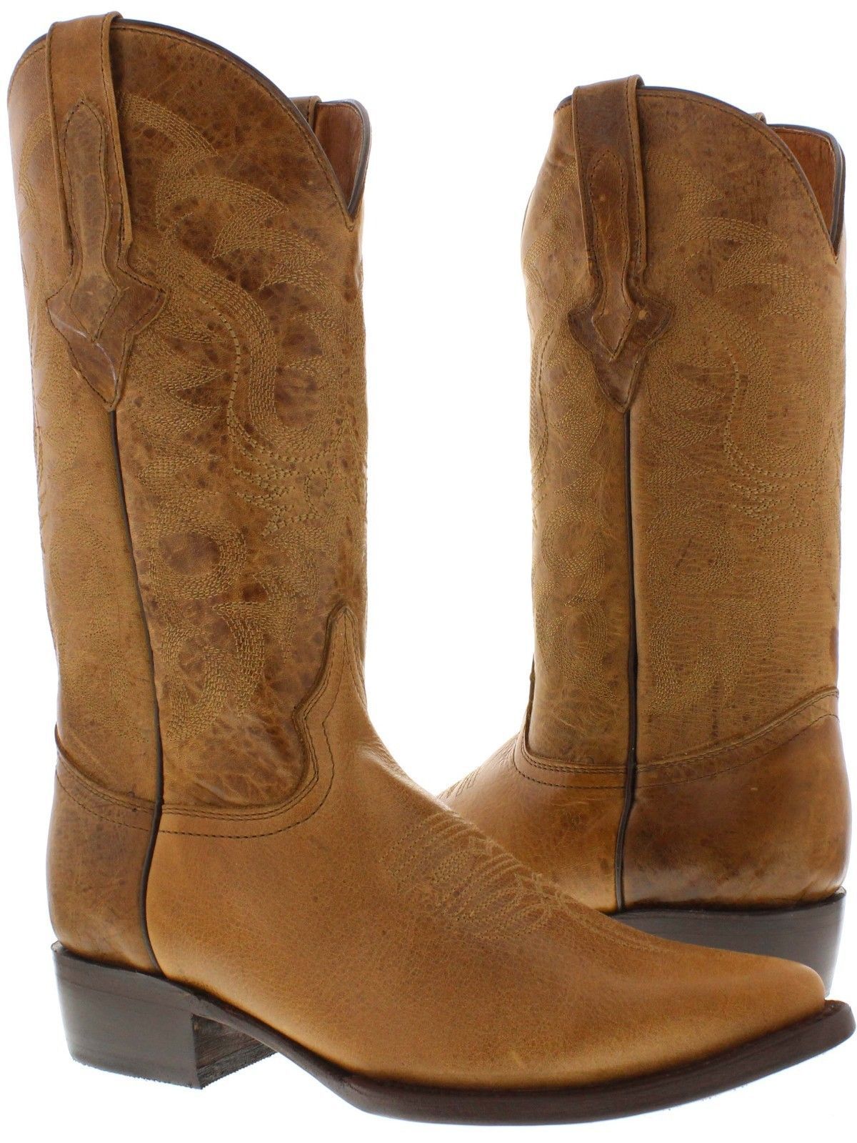 Mens Light Brown Western Cowboy Boots Classic Solid Leather J Toe - Boots