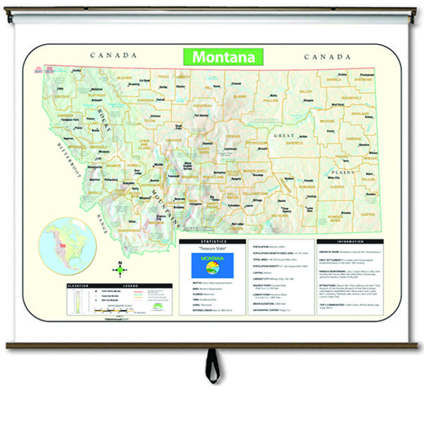 Montana Large Scale Shaded Relief Wall Map on Roller with Backboard ...