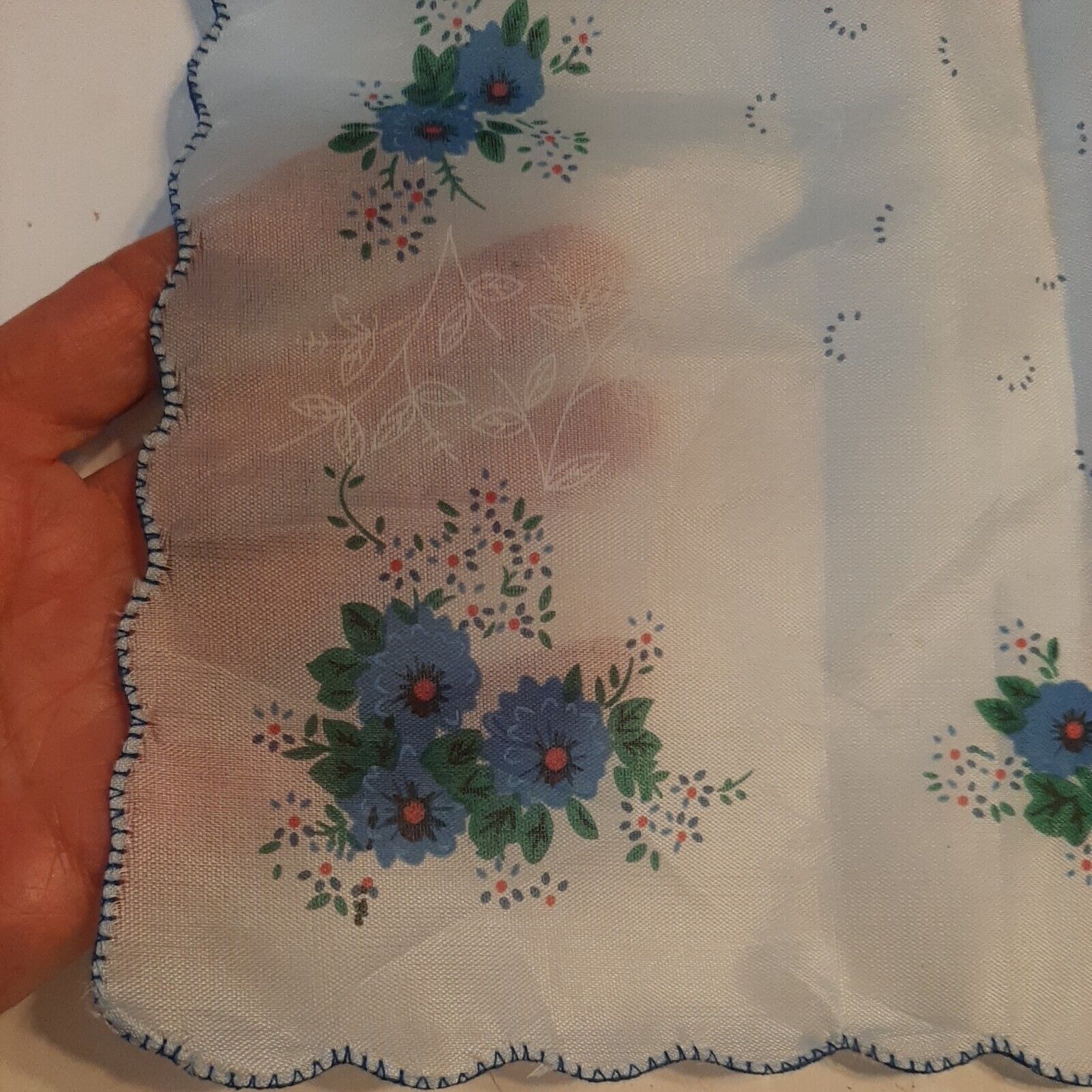 Hankie Handkerchief Blue 11 1/2 inch Vintage Sheer Scalloped Edge - Vintage