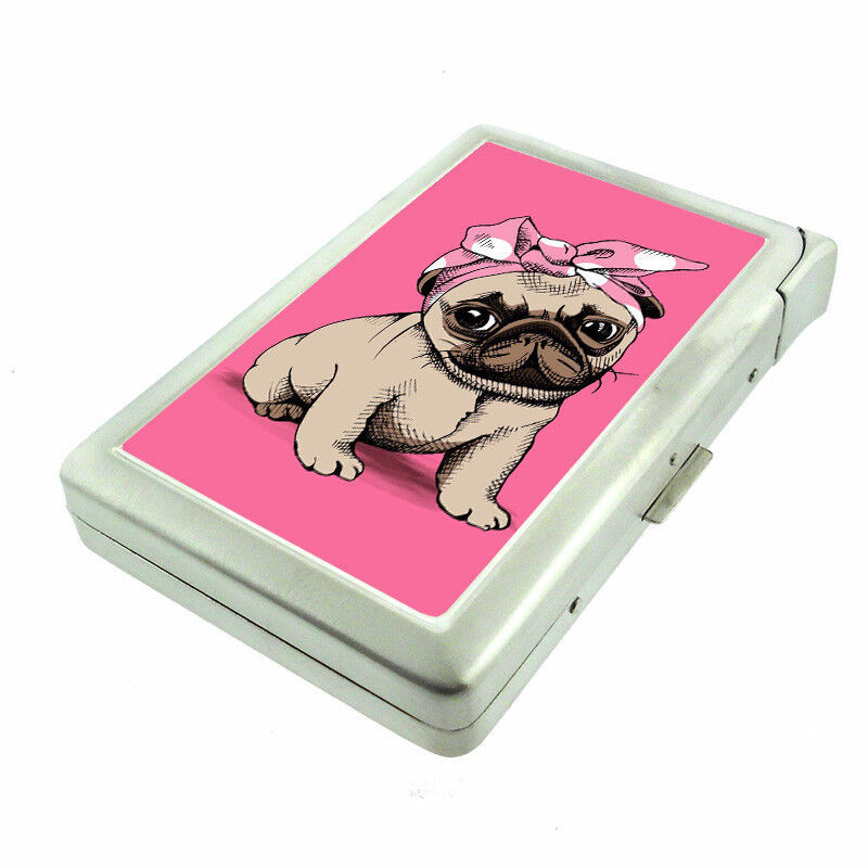 Pink Pug Em1 100's Size Cigarette Case with Built in Lighter Metal ...