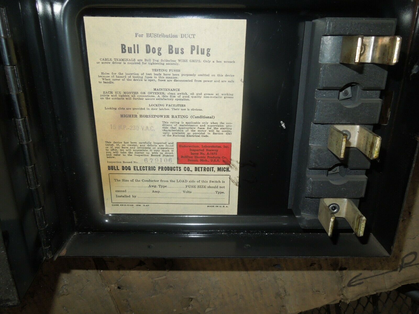 Bulldog BP322 60A 3ph 3W 230V AC Fusible Cover Operated Bus Plug Used E ...