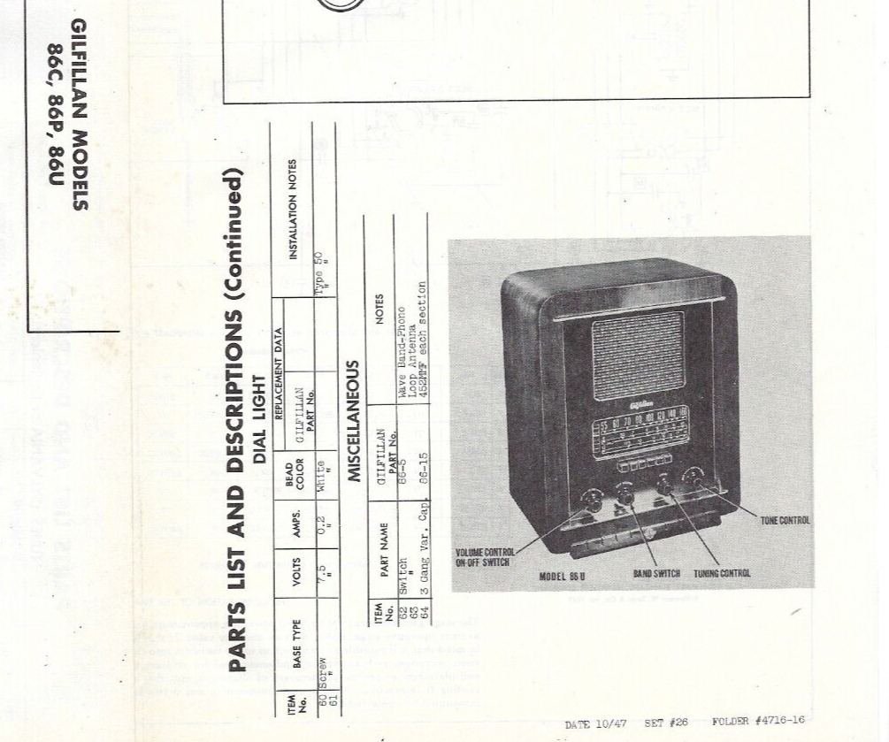 1947 Gilfillian Bros 86C 86P 86U Tube Radio Receiver Photofact Manual ...
