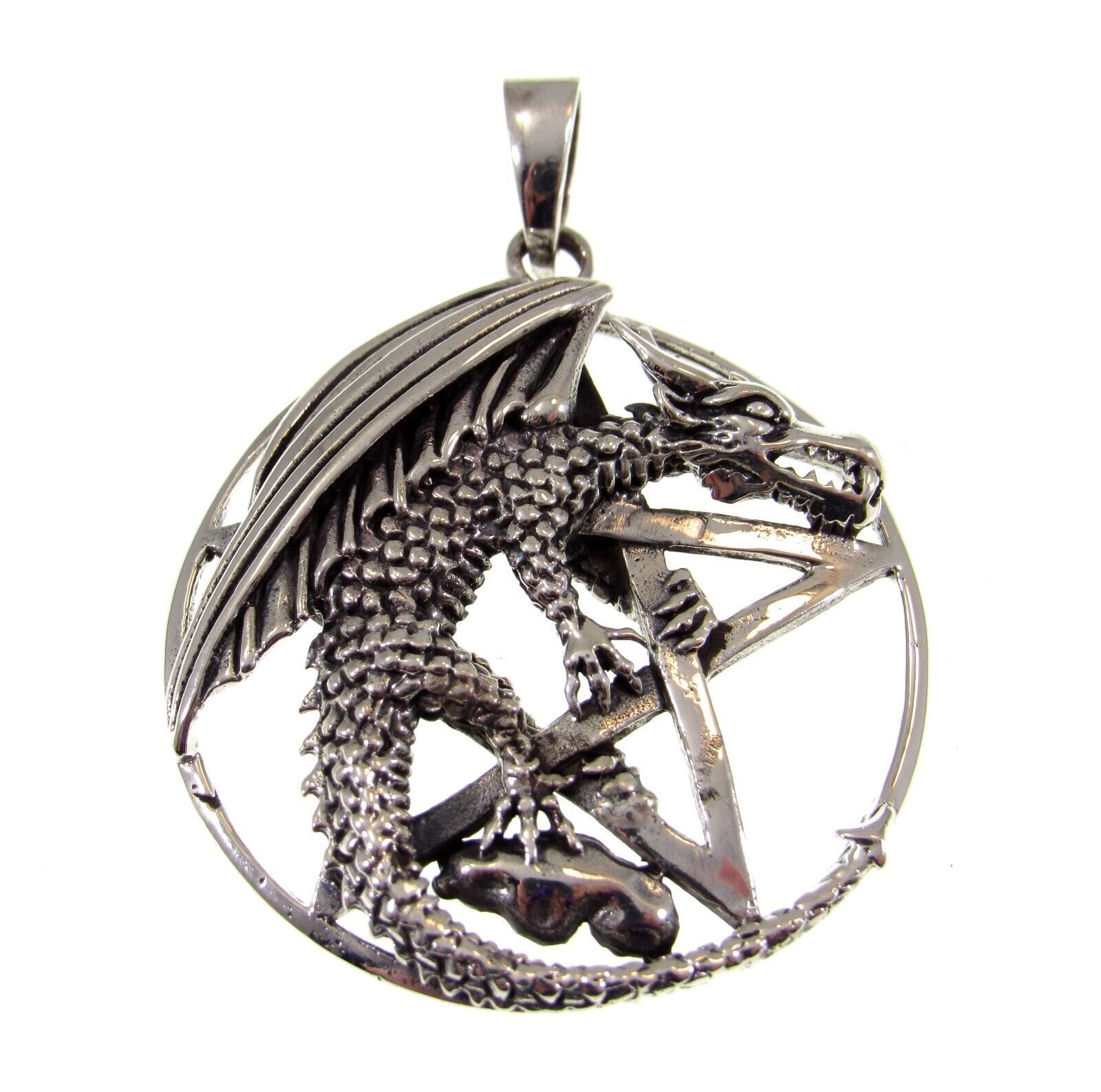 Solid 925 Sterling Silver Dragon & Pentacle Pentagram Pendant, Pagan ...
