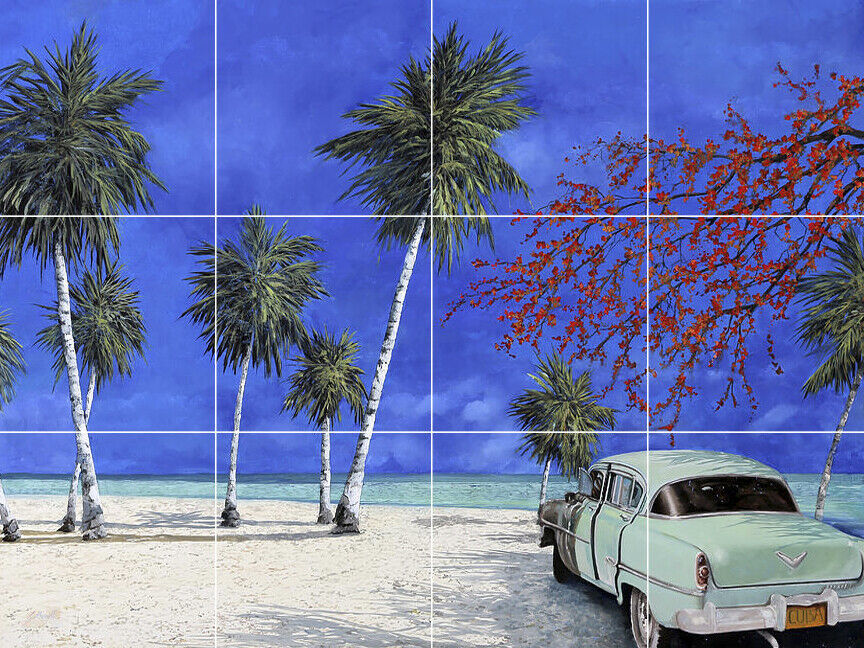 vintage classic car Italy tropical beach scene ceramic tile art mural ...