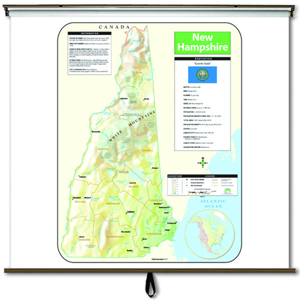 New Hampshire Large Scale Shaded Relief Wall Map on Roller with ...