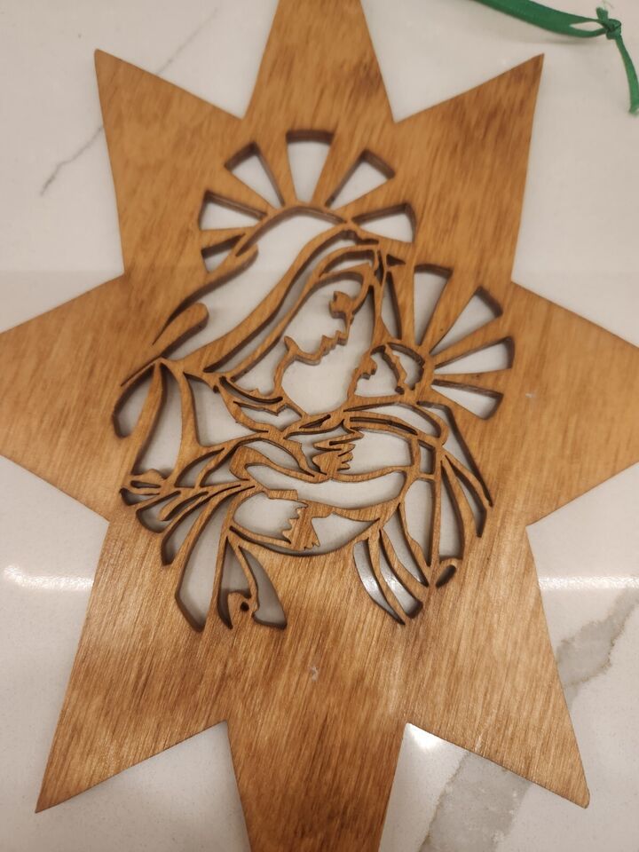 Large Wood Star Laser Cut Christmas Ornament Mary And Baby Jesus ...