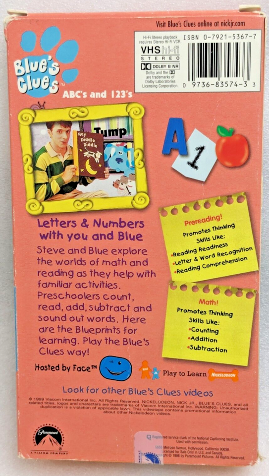 Blues Clues ABCs and 123s (VHS, 1999, Nick Jr., Paramount) - VHS Tapes