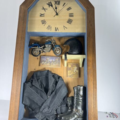 Motorcycle Shadow Box Diorama Clock Vtg Wall Display Jacket Boots ...