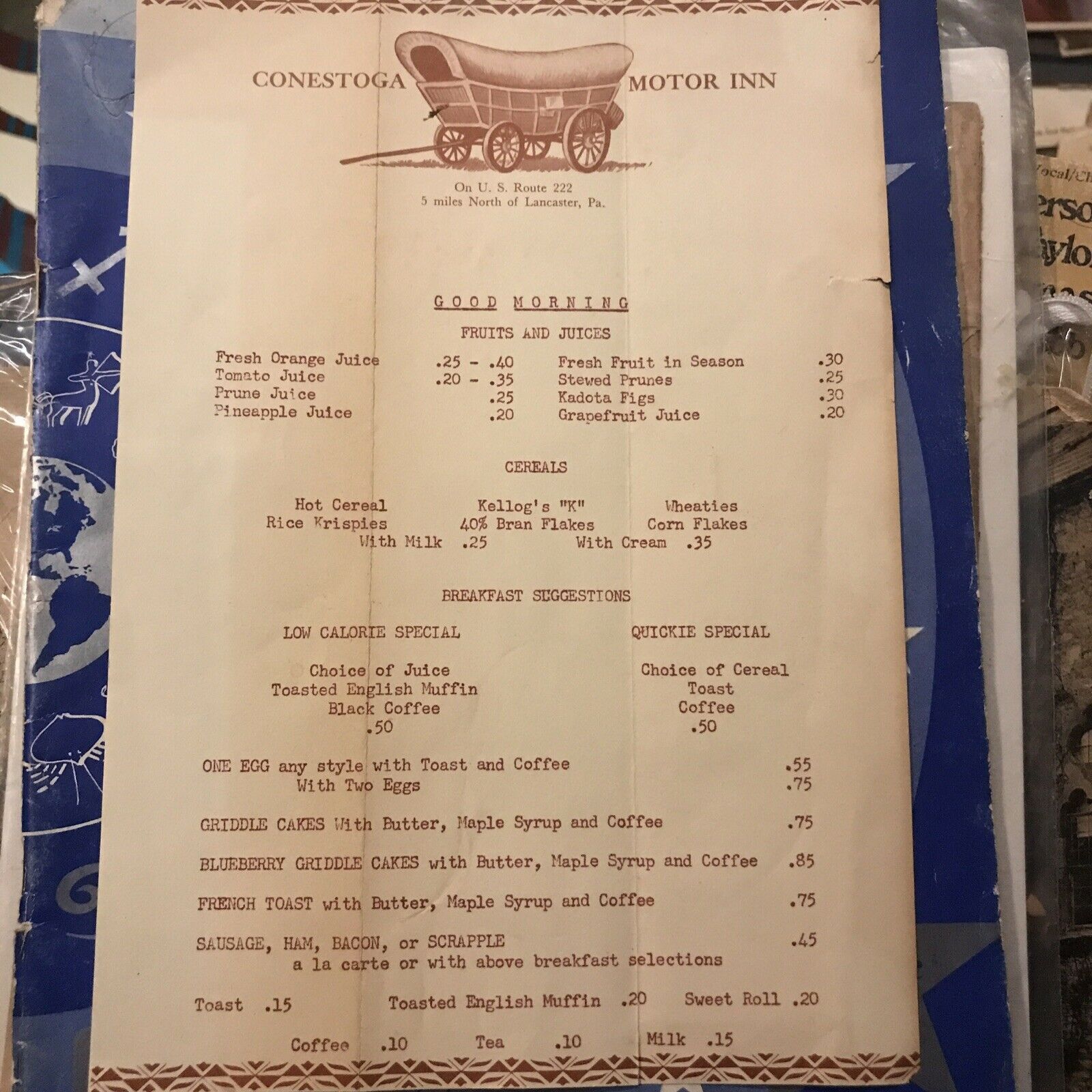 Rare 1950s Conestoga Motor Inn Breakfast Menu Lancaster PA Amish ...