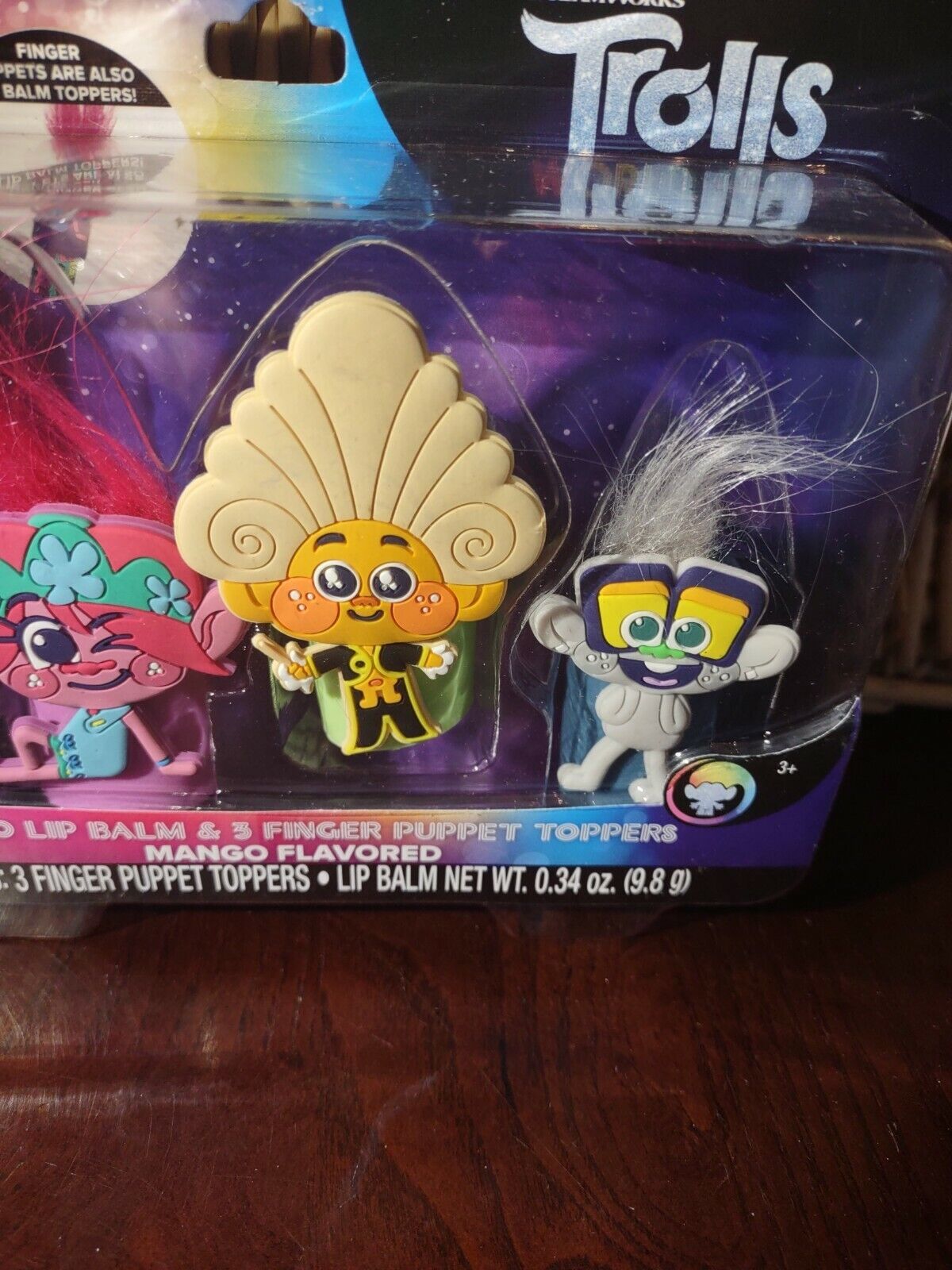 Trolls Jumbo Lip Balm And 3 Finger Puppet Toppers Mango Flavored ...