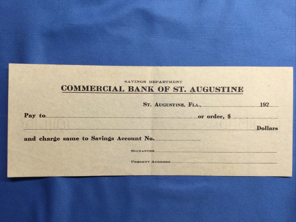 1920s Commercial Bank Of St. Augustine Florida Obsolete Check NEW ...