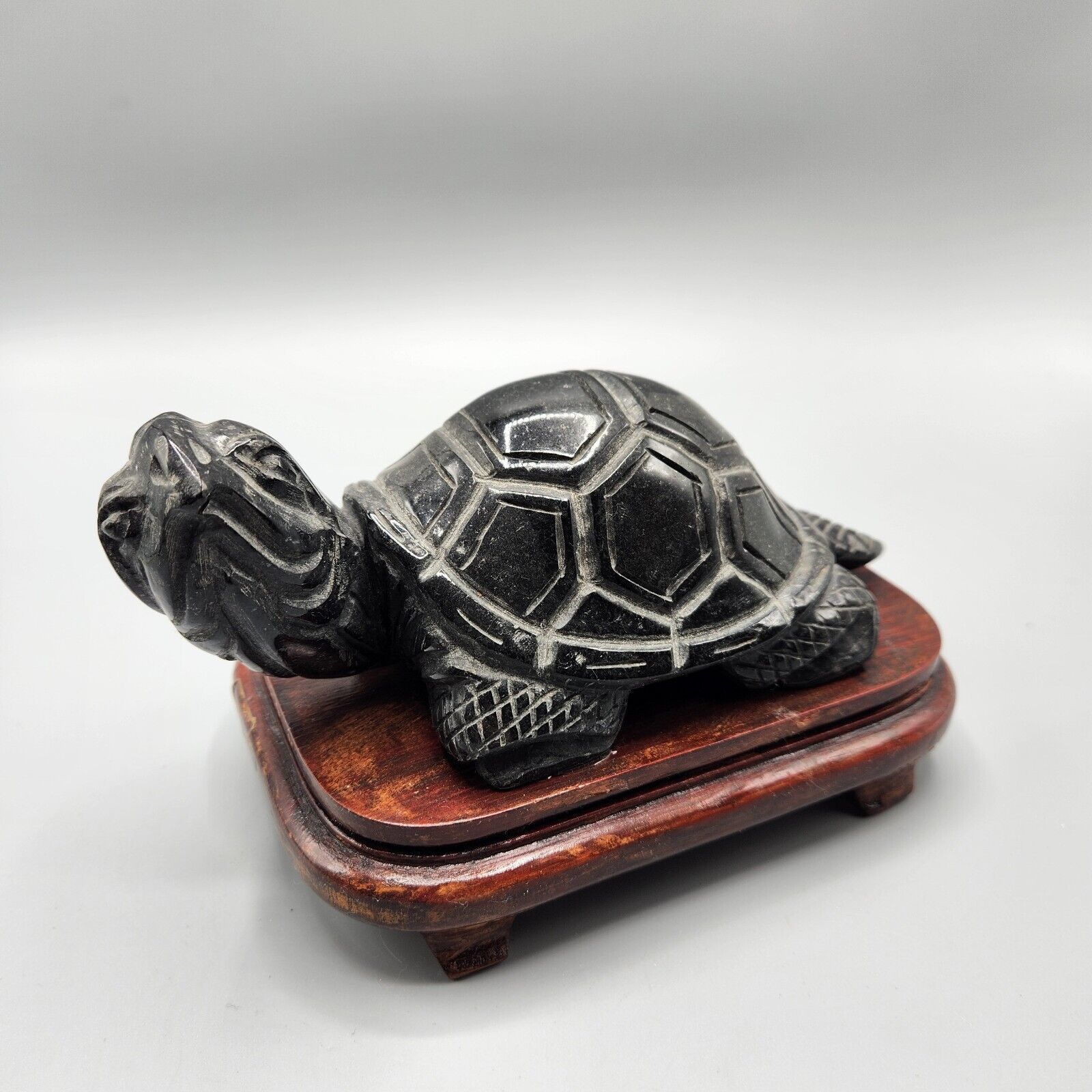 Black Hand Carved Turtle Figurine Wood Base Stone Statue Turned Head ...