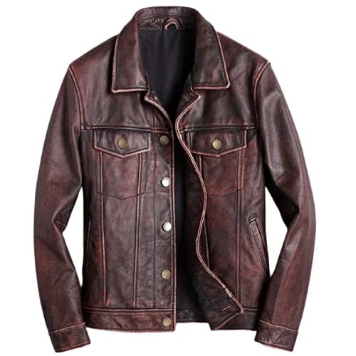 TCJ Mens Leather Jacket Trucker Reddish Brown Distressed Shirt Style ...