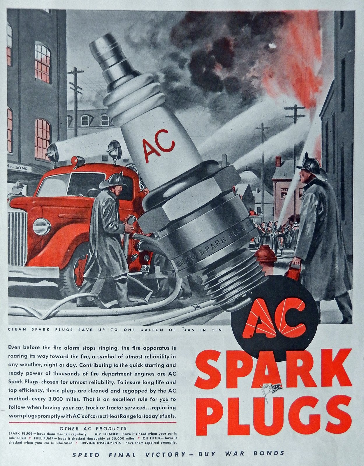 AC Spark Plugs, 40's Print ad. full page Color Illustration (city fire ...