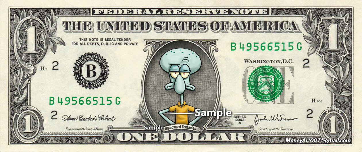 Squidward Tentacles on a REAL Dollar Bill SpongeBob SquarePants Cash ...