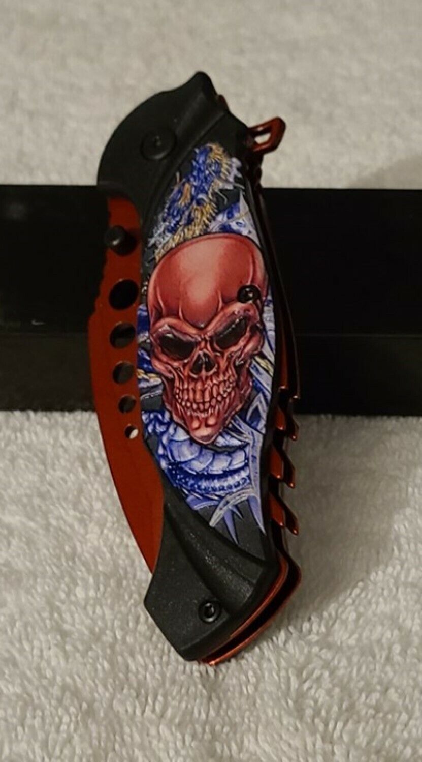SKULL DRAGON FANTASY MYTHICAL SPRING ASSISTED KNIFE WITH BELT CLIP RED ...