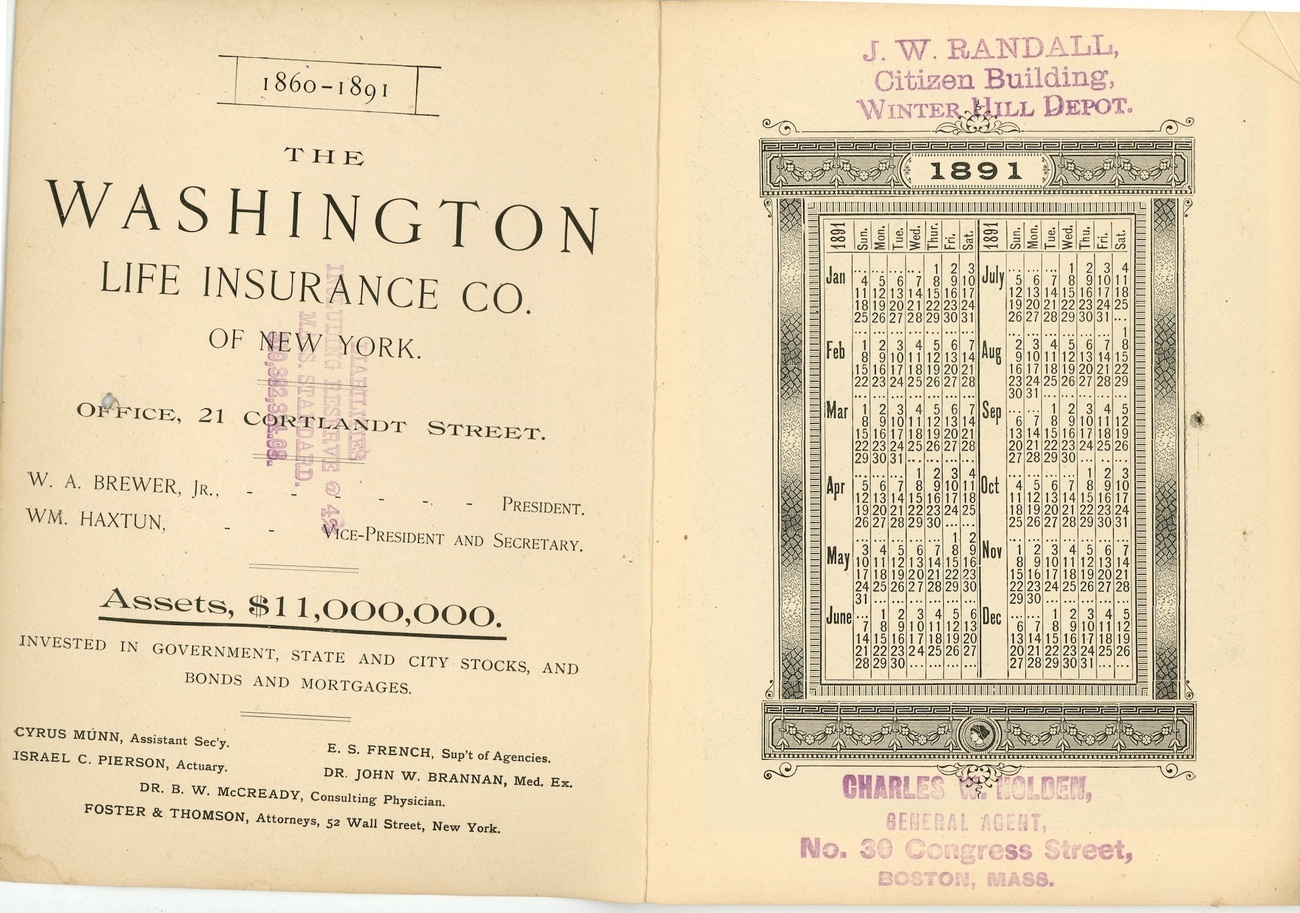 Washington Life Insurance Co 1891 almanac advertising book NY ephemera ...