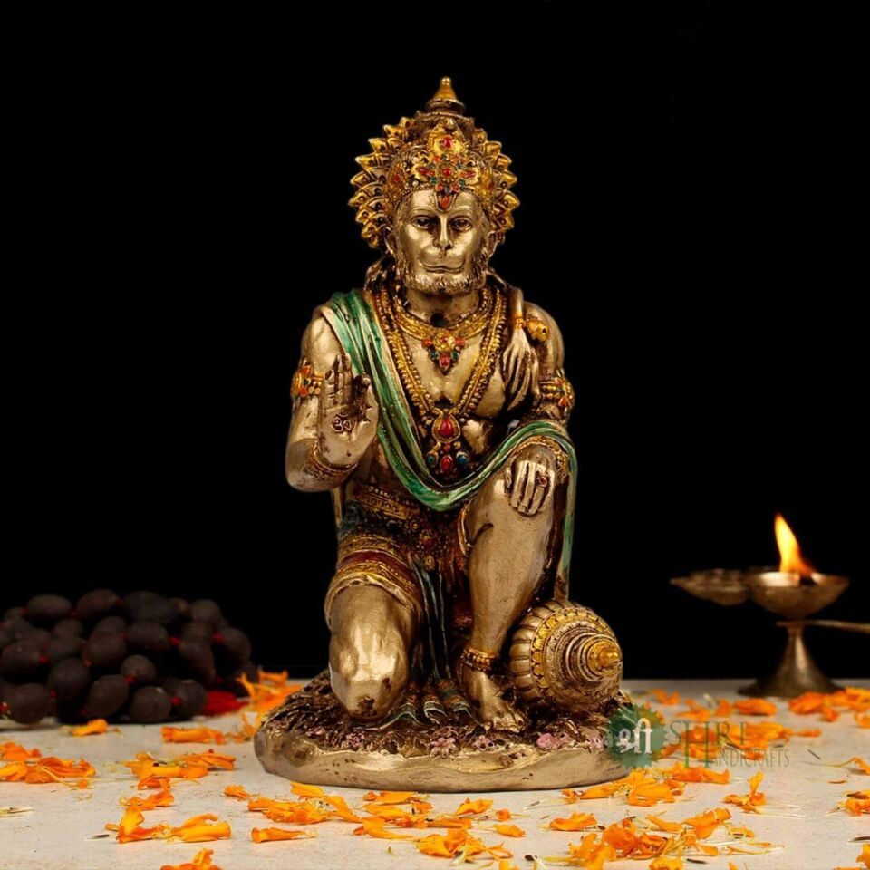 7" Hanuman Statue Sitting Metal Finish Idol Decorative Showpiece ...