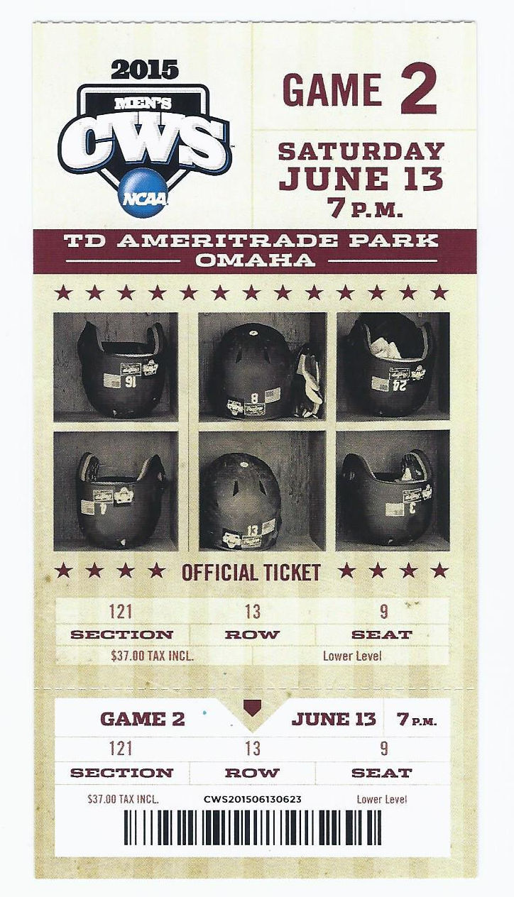 2015 College World Series Full Unused Ticket Game 2 Florida Miami CWS ...