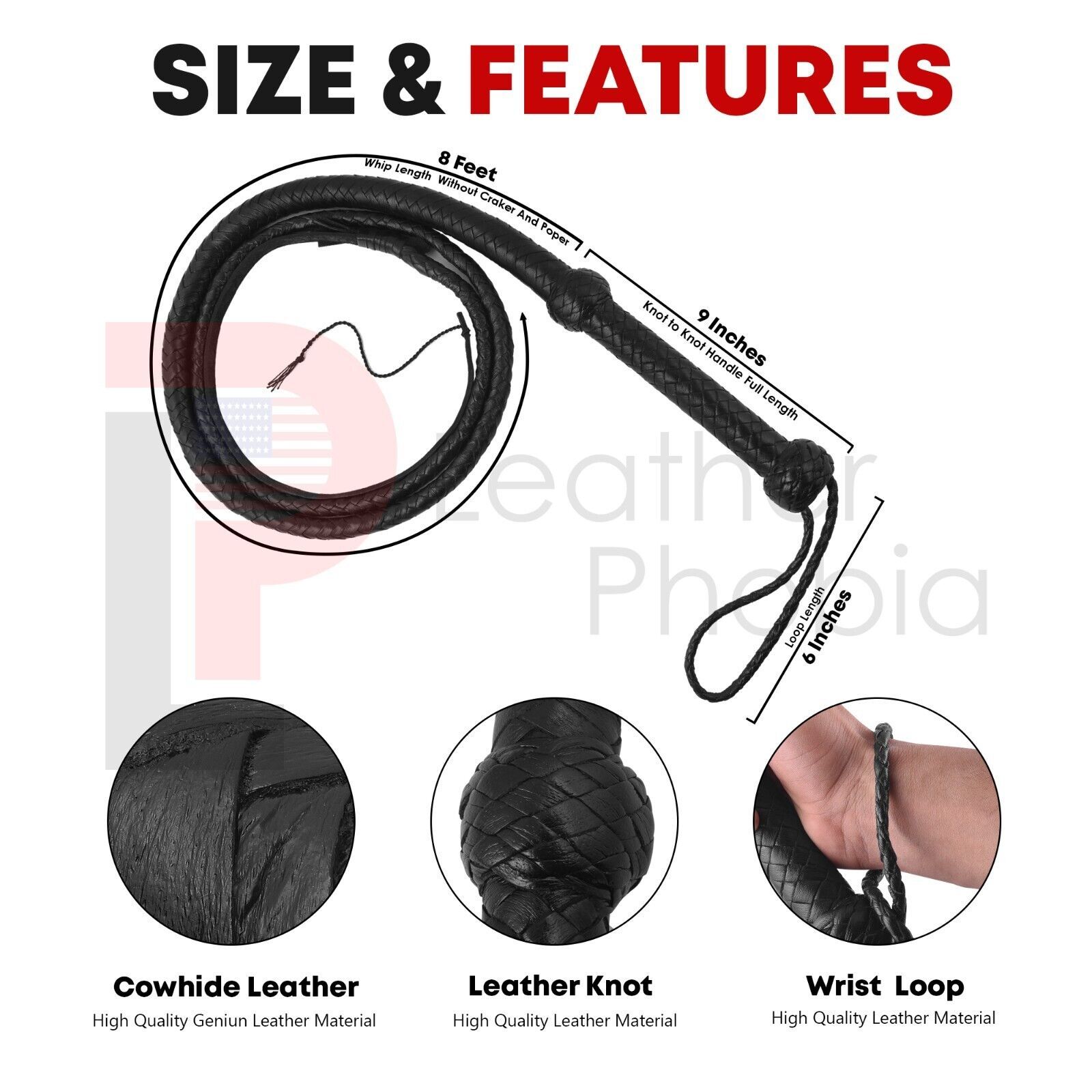 Genuine Cow Hide Leather Bullwhip 08 Feet Long Black 12 Plaits Heavy ...