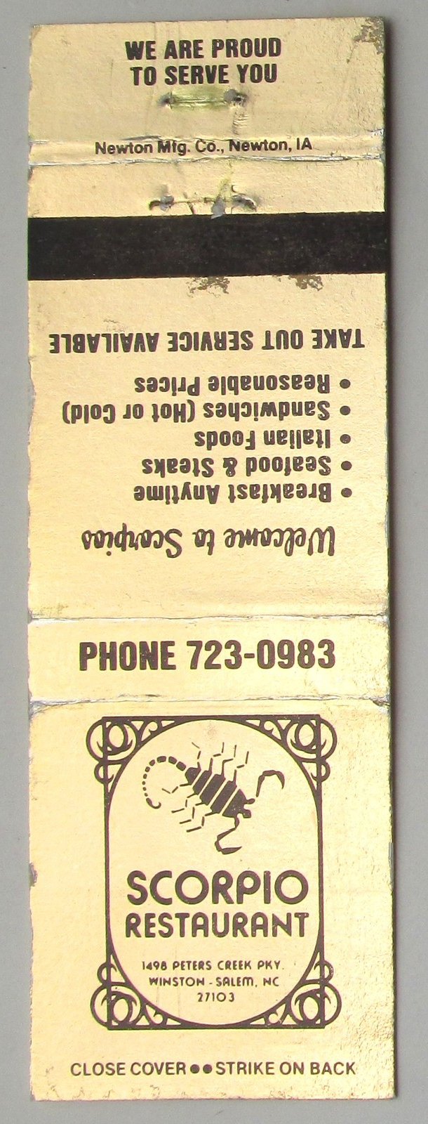 Scorpio Restaurant - Winston-Salem, North Carolina 20 Strike Matchbook ...