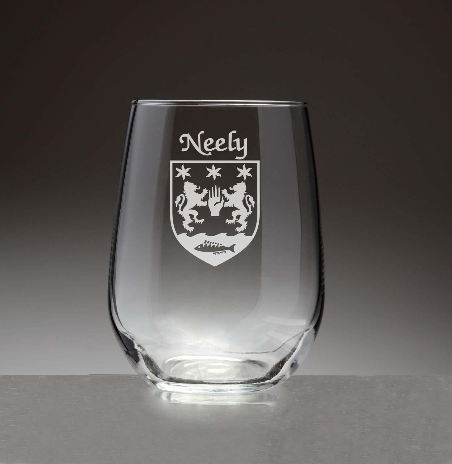 Neely Irish Coat of Arms Stemless Wine Glasses (Sand Etched) - Equipment