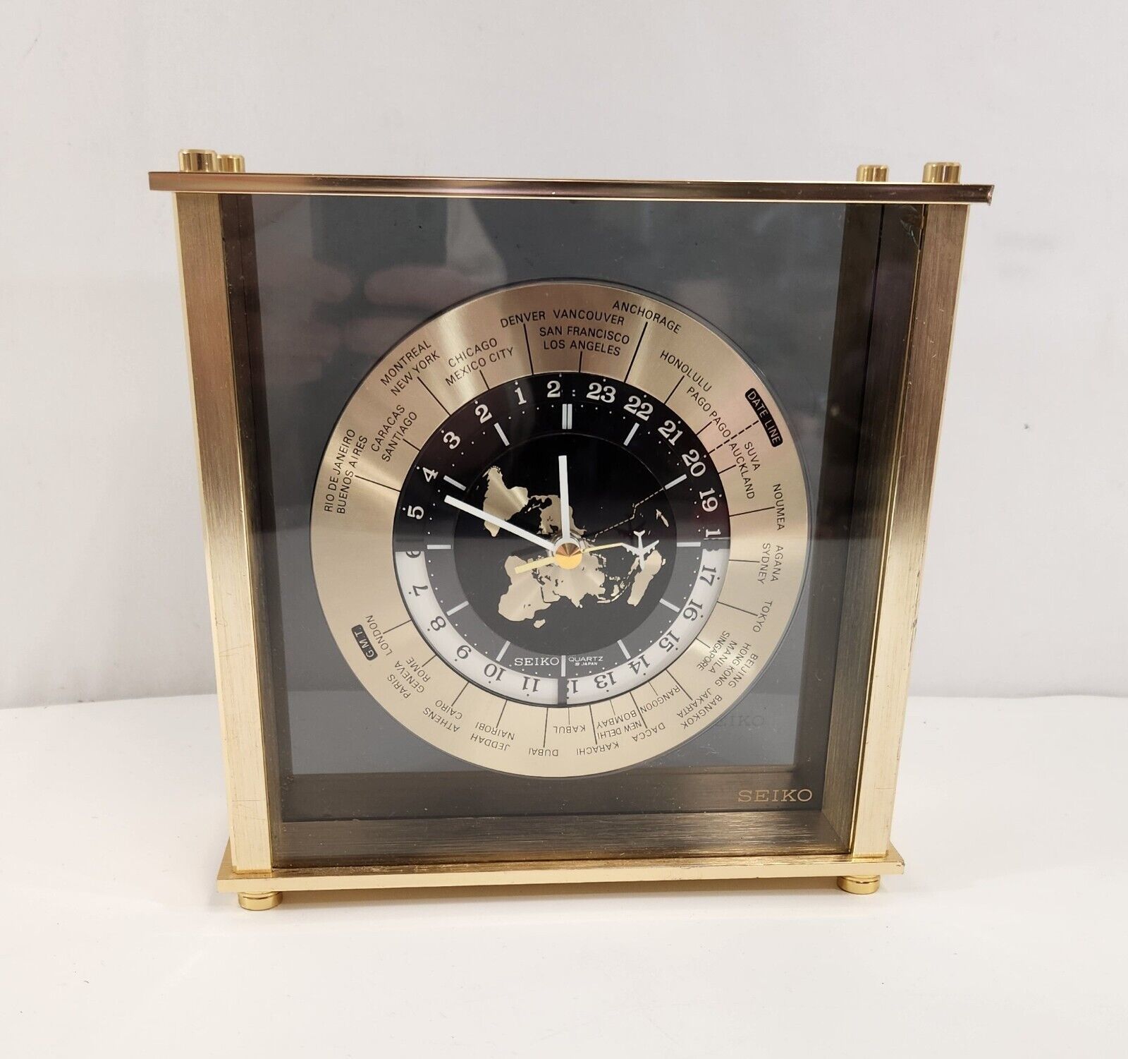 Seiko World Time Zone Desk Clock Flying Airplane Square Brass Japan ...