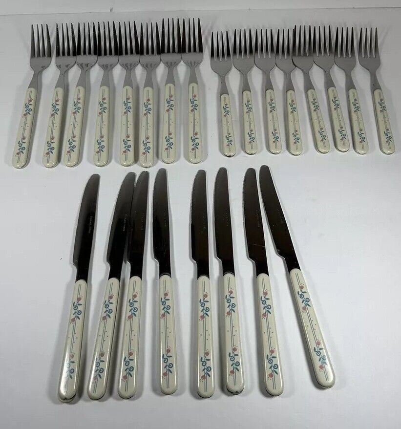 VTG Flatware Stainless White Handle Pink Flowers Blue Farmhouse Cutlery ...