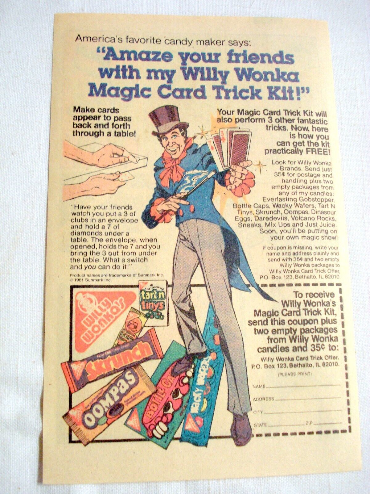 1982 Ad Willy Wonka's Candy Oompas, Bottlecaps, Skrunch, Wacky Wafers ...