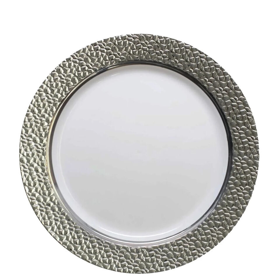 9" inch Round White Plastic Disposable Plates with Silver Rim 80pcs ...