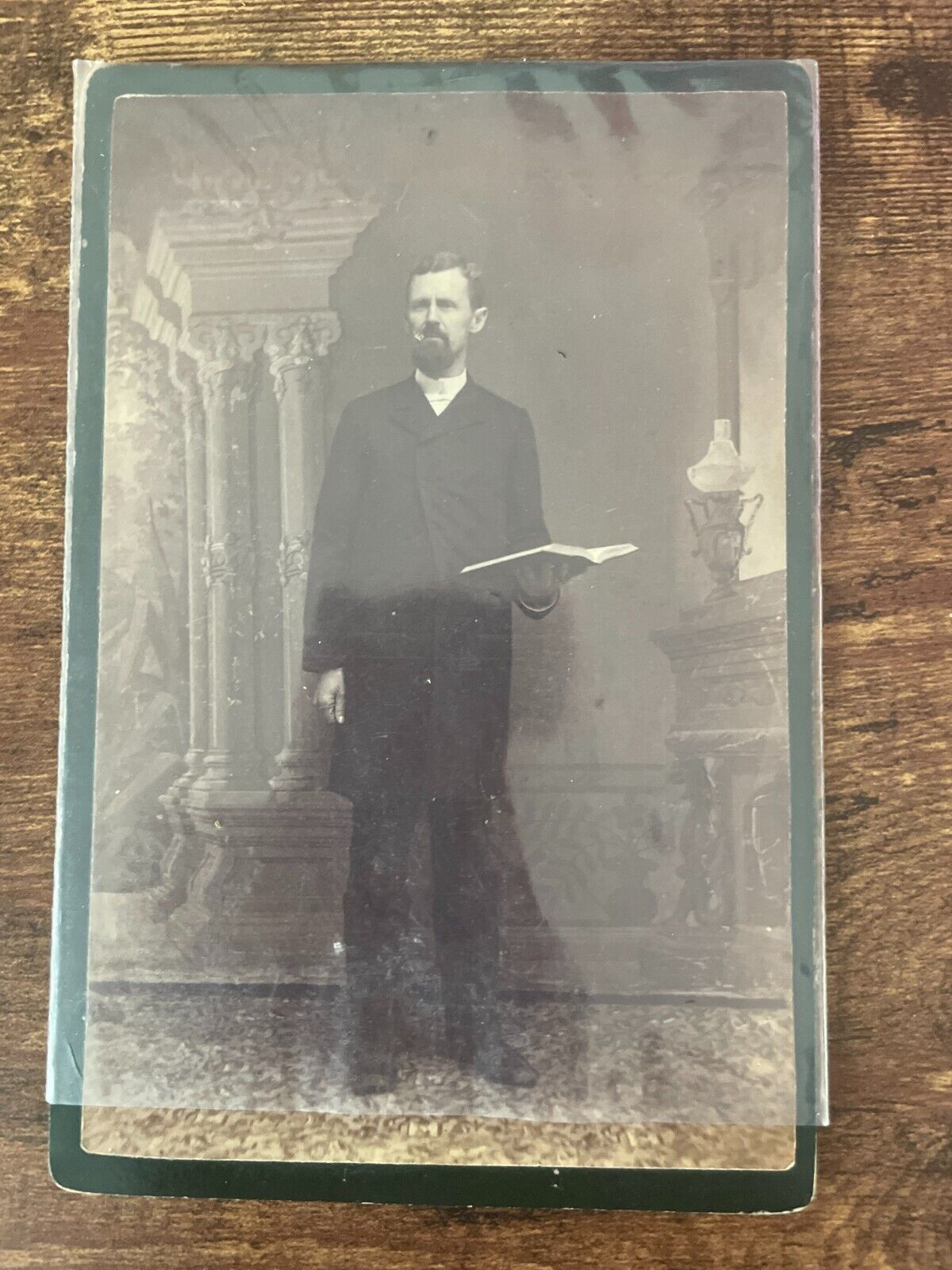 Vintage Cabinet Card. Man holding book. Poem on back - Photographs