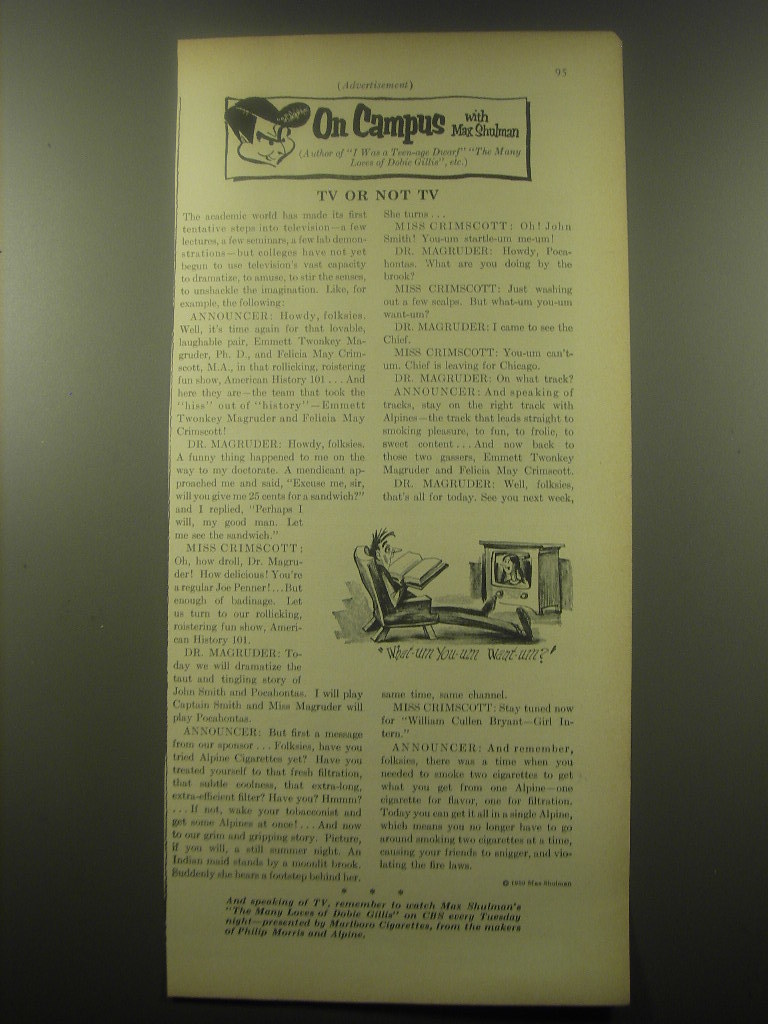 1959 Philip Morris Alpine Cigarettes Advertisement - On Campus with Max ...