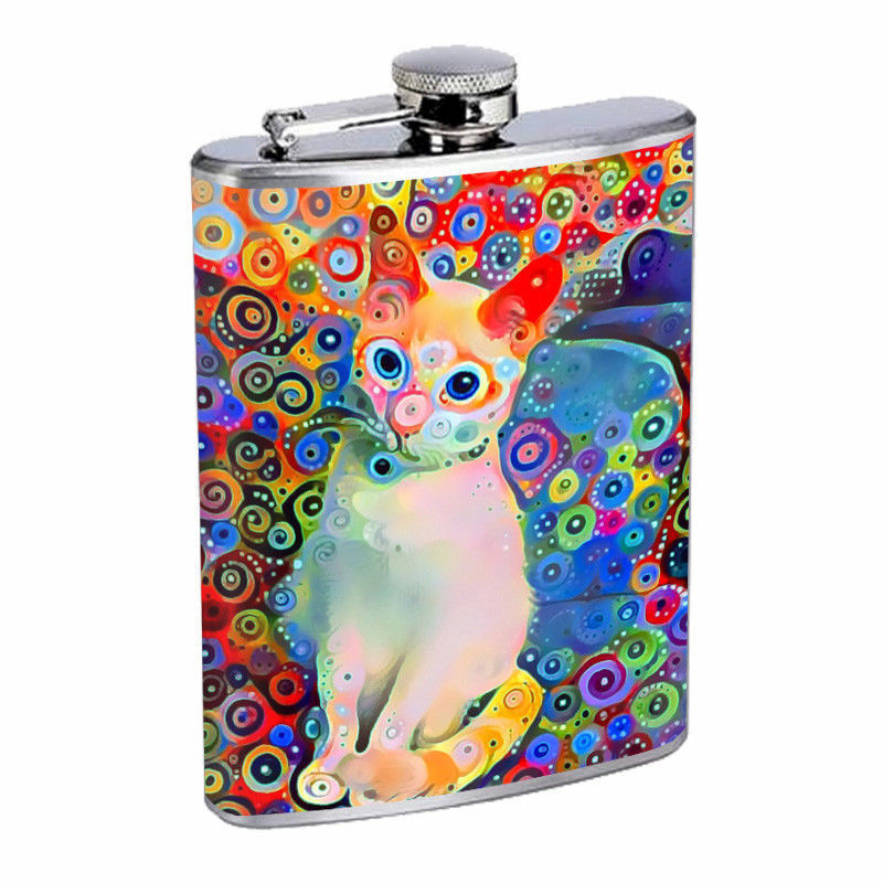 Cat Art Em3 Flask 8oz Stainless Steel Hip Drinking Whiskey - Flasks